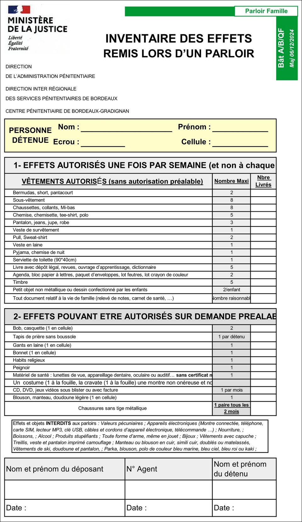 Le linge, vêtements et objets destinés aux détenus du Centre ...