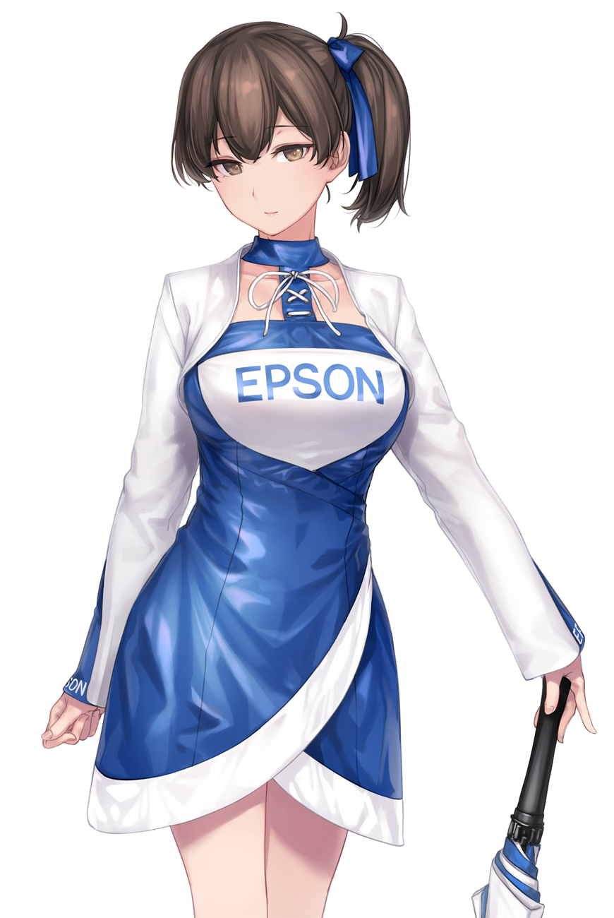Safebooru - 1girl alternate costume blue dress breasts brown eyes brown hair closed mouth cowboy ...
