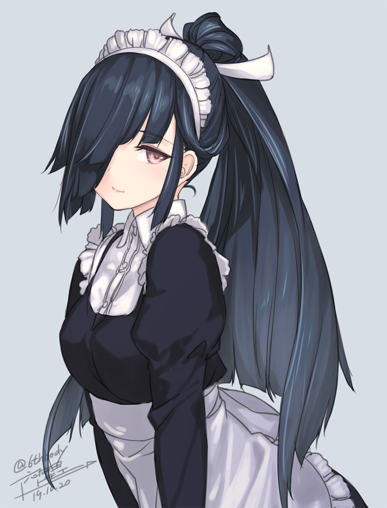 Safebooru - 1girl alternate costume apron black dress black hair blue background blush dated ...
