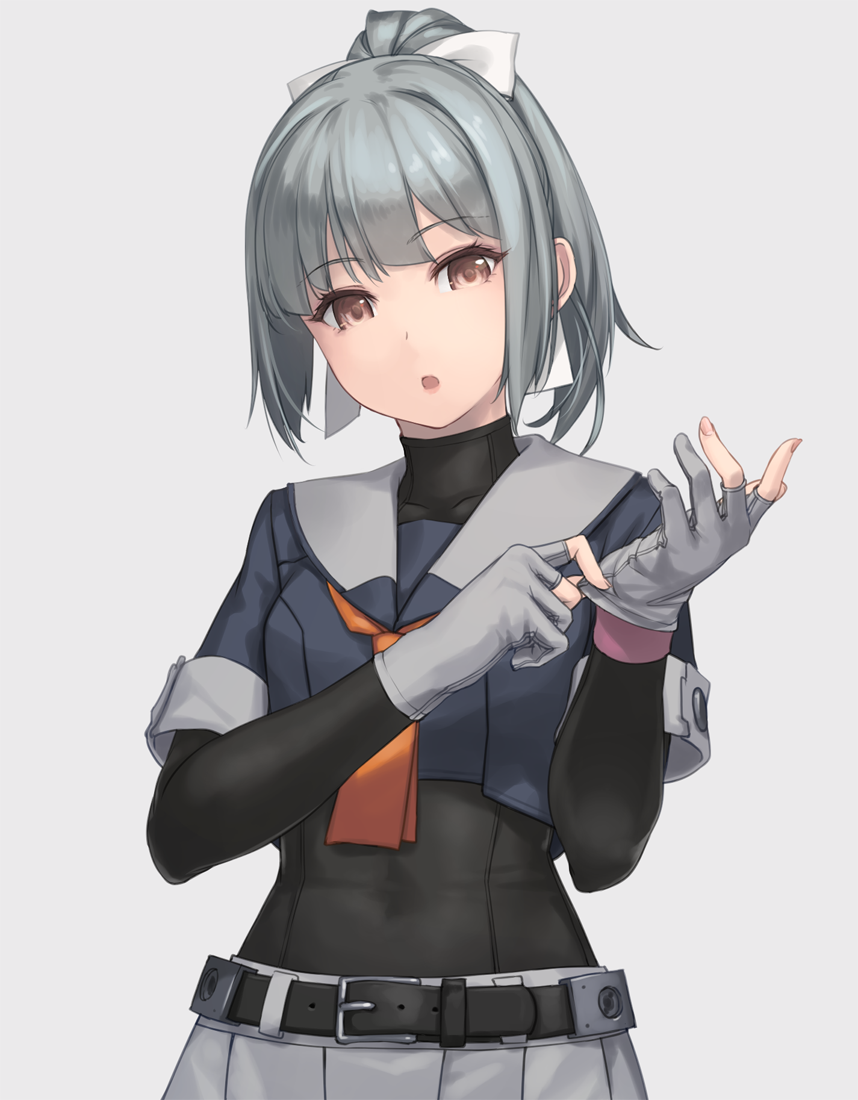 Safebooru - 1girl adjusting clothes adjusting gloves belt black belt black serafuku bow brown ...