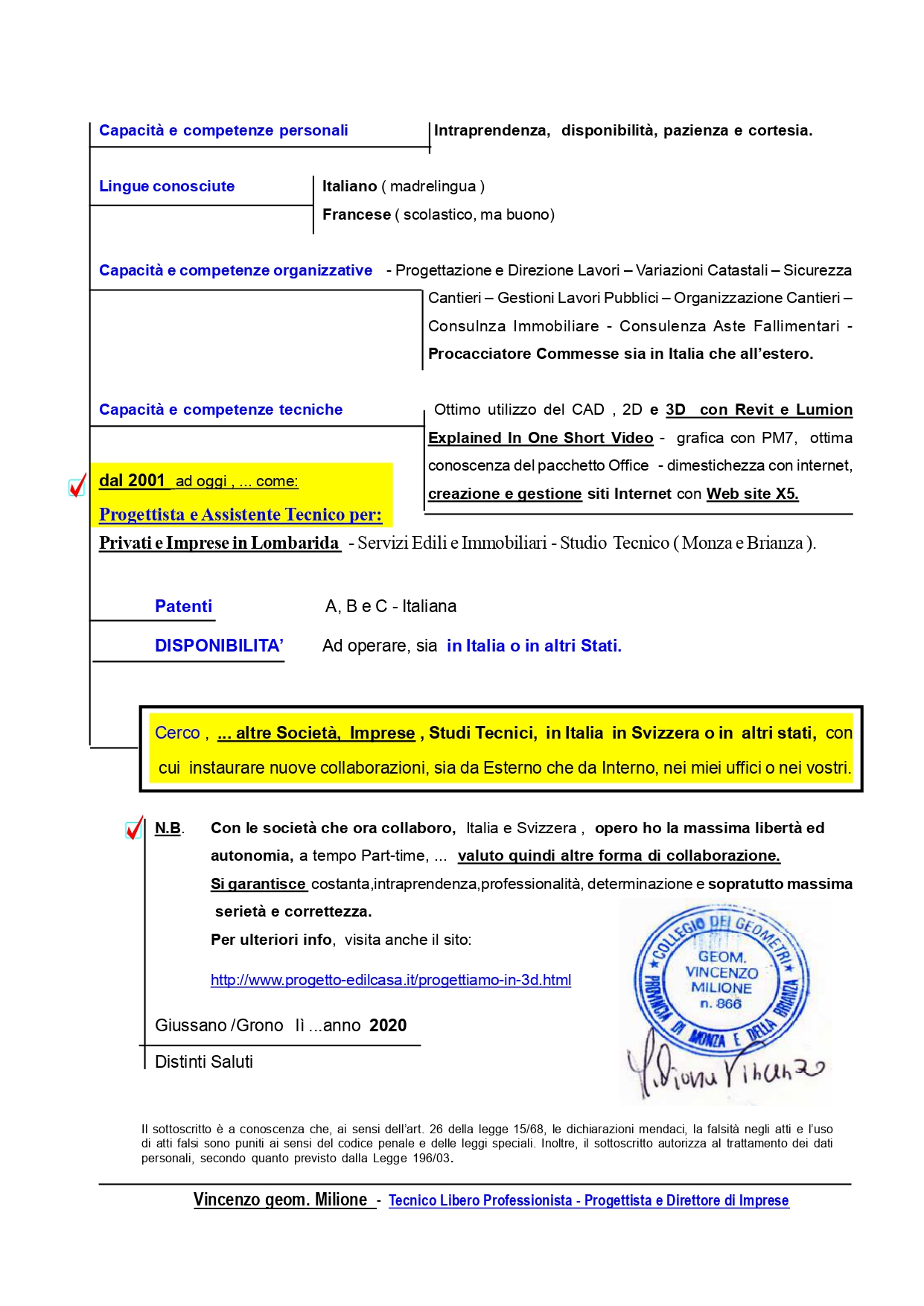 Curriculum Vitae Vincenzo geom. Milione - Italia - Svizzera - Benvenuti ...